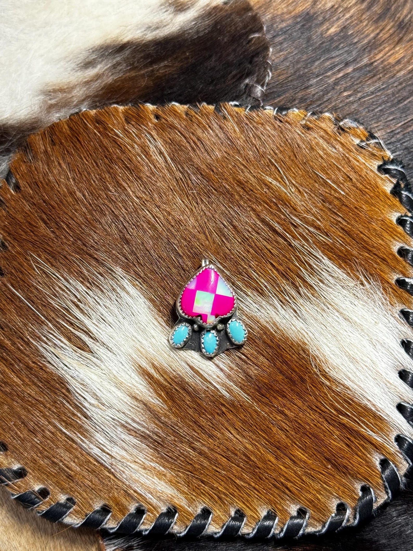 Mini Pink Checkered Spade and Turquoise Pendant Made With Sterling ...
