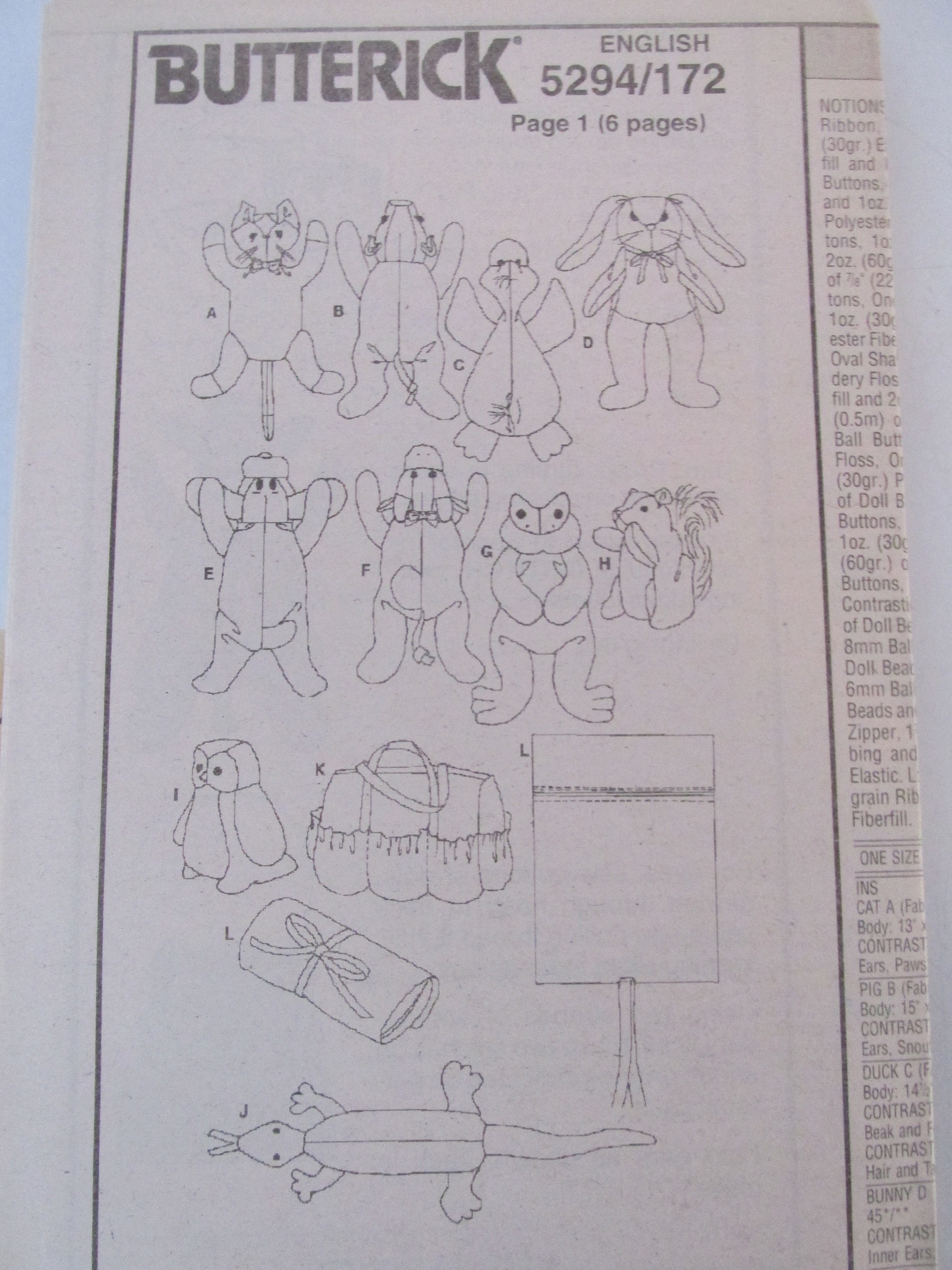 Butterick 5294 UNCUT Patrón de costura Bean Bag Animal | Etsy