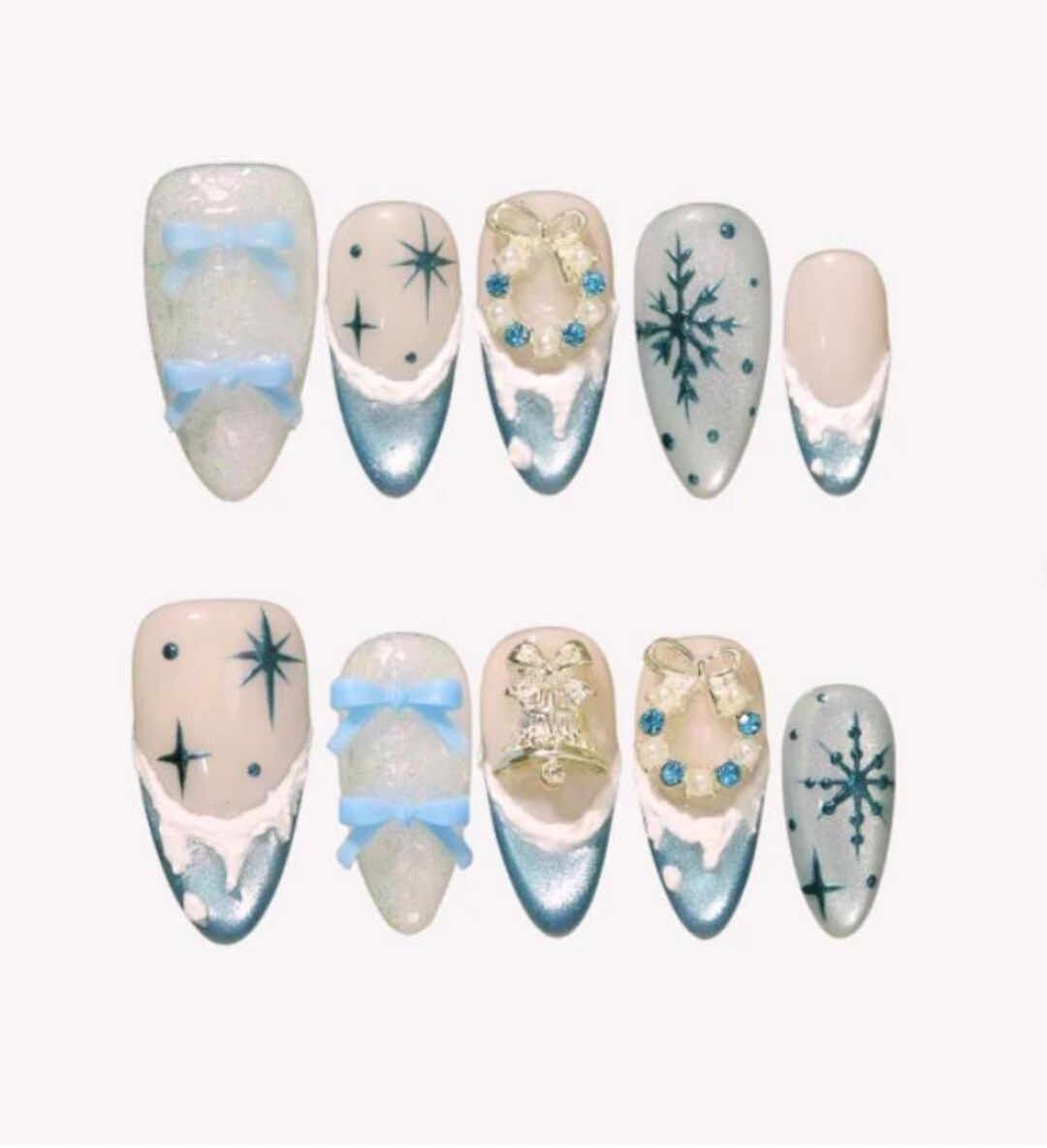 Winter Holiday Press on Nails | Icy Blue French Tip, 3D Charms - Etsy