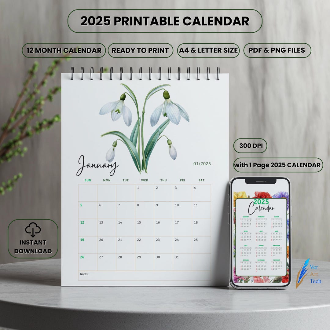 2025 Printable Monthly Calendar, Watercolor Floral Monthly Calendar ...