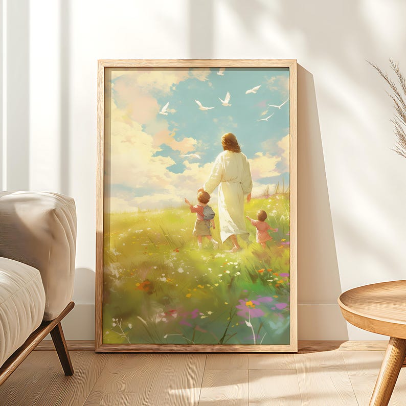 Jesus Walking With Children, Christian Painting, Bible Verse Wall Art ...