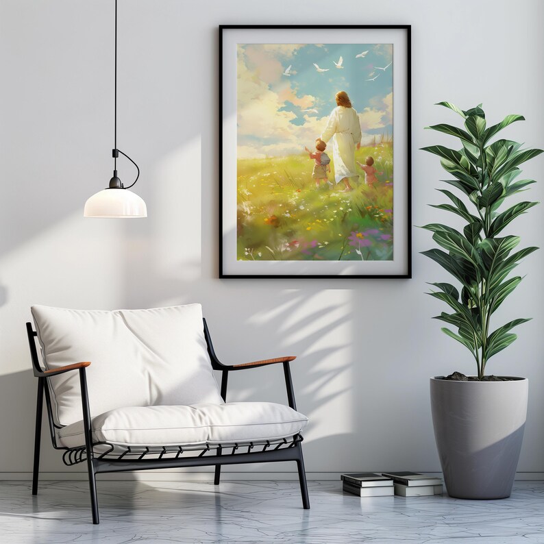 Jesus Walking With Children, Christian Painting, Bible Verse Wall Art ...