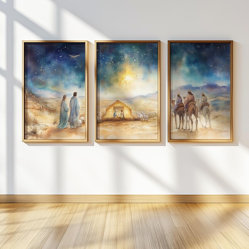 Set of 3 Nativity Scene Wall Art, Watercolor Nativity Set Printable ...