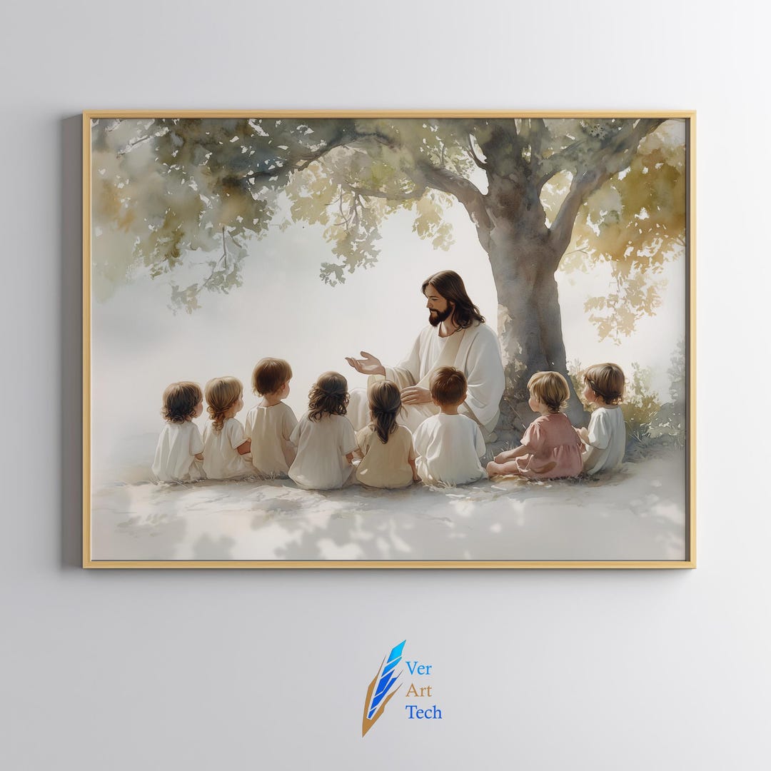 Jesus Teaching the Children Landscape, LDS Art, Jesus Christ Watercolor ...