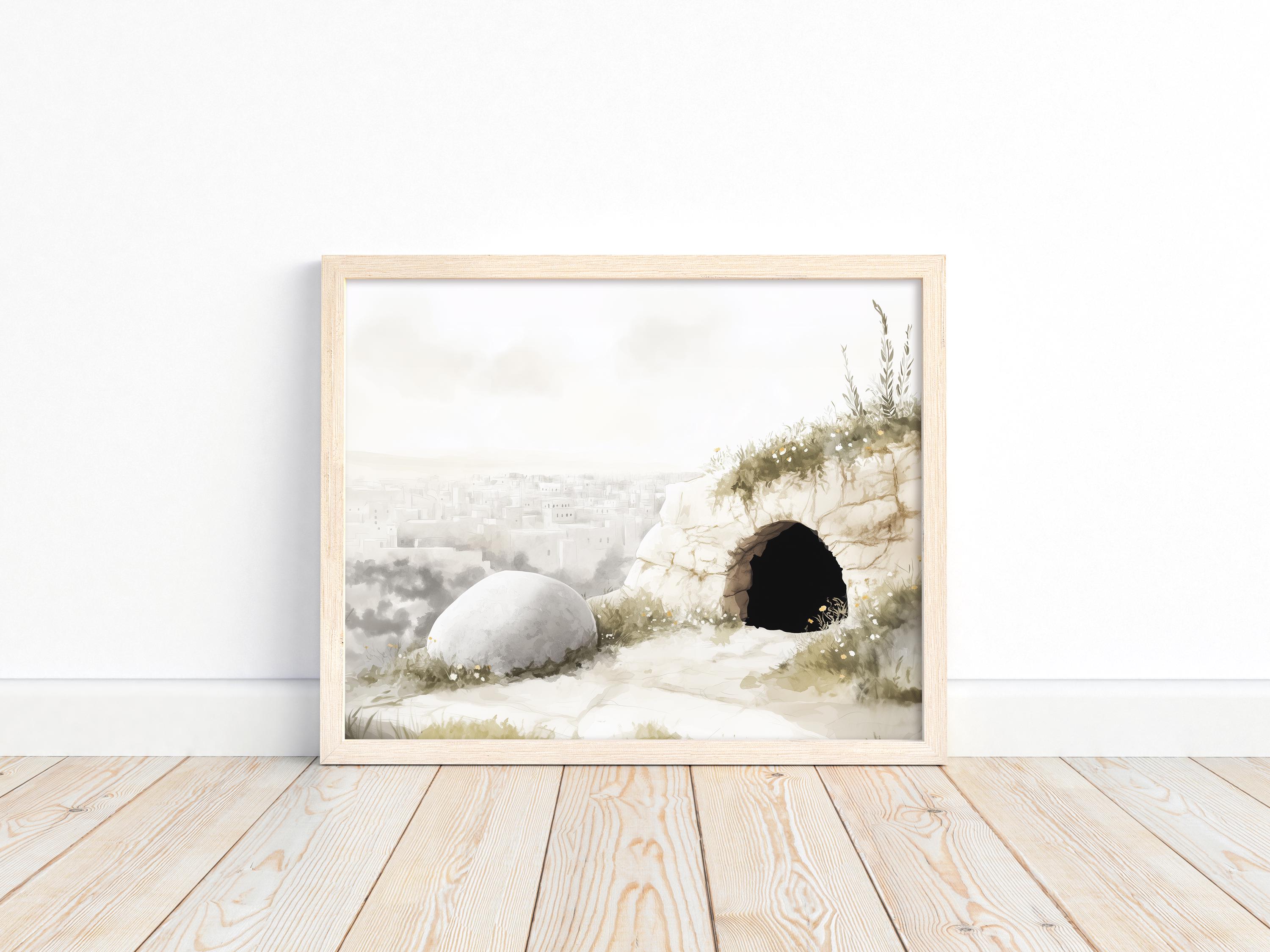 Jesus Empty Tomb, He is Risen Painting Printable Wall Art, Jesus Christ ...