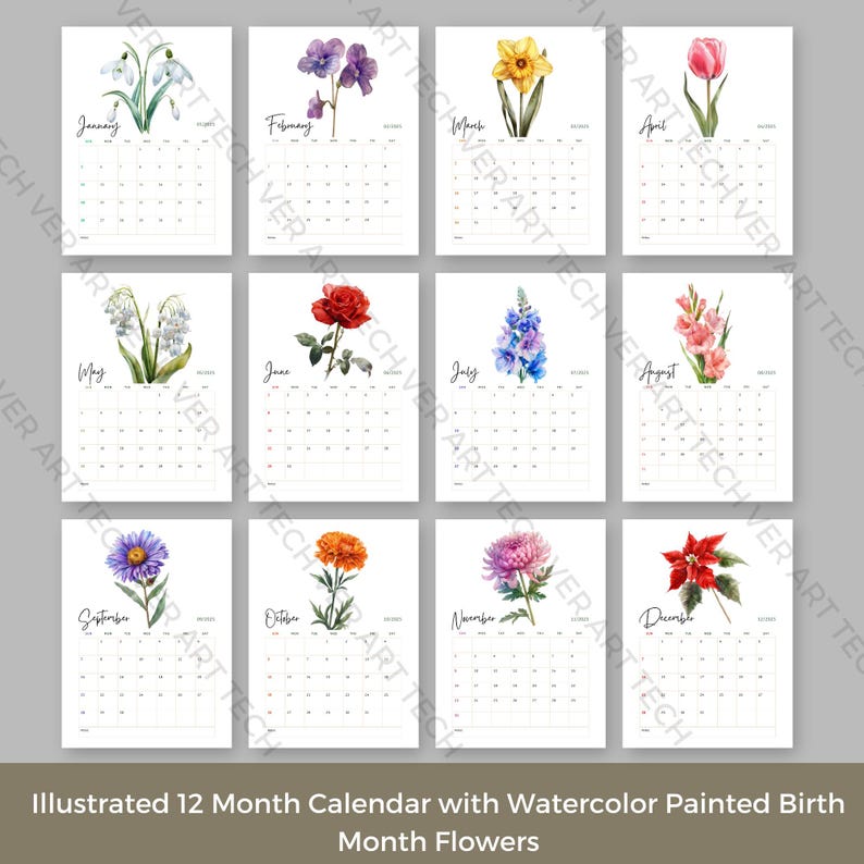 2025 Printable Monthly Calendar, Watercolor Floral Monthly Calendar ...