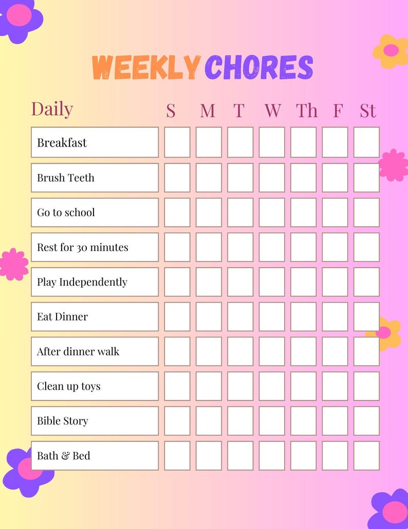 Chore Chart Checkbox Template Editable Canva File - Etsy
