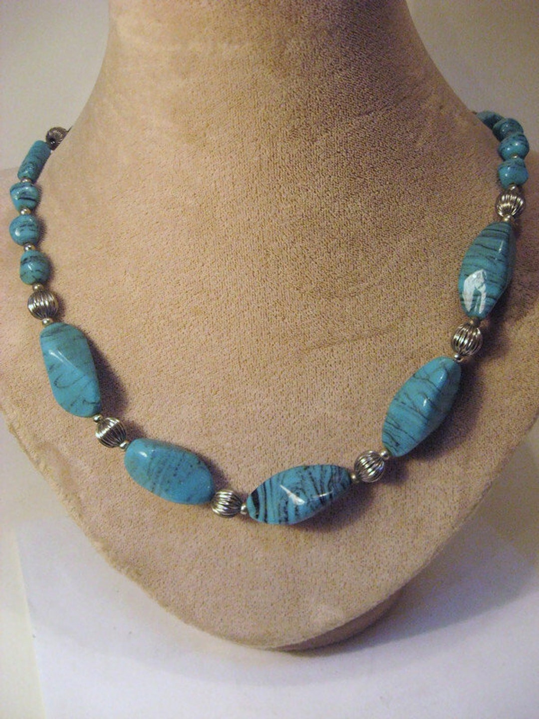 Vintage Napier Turquoise Glass Bead Necklace: 1970s Bohemian Silver ...