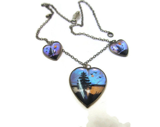 Vintage Blue Morpho Butterfly Wings Heart Shaped Pine Tree Necklace ...