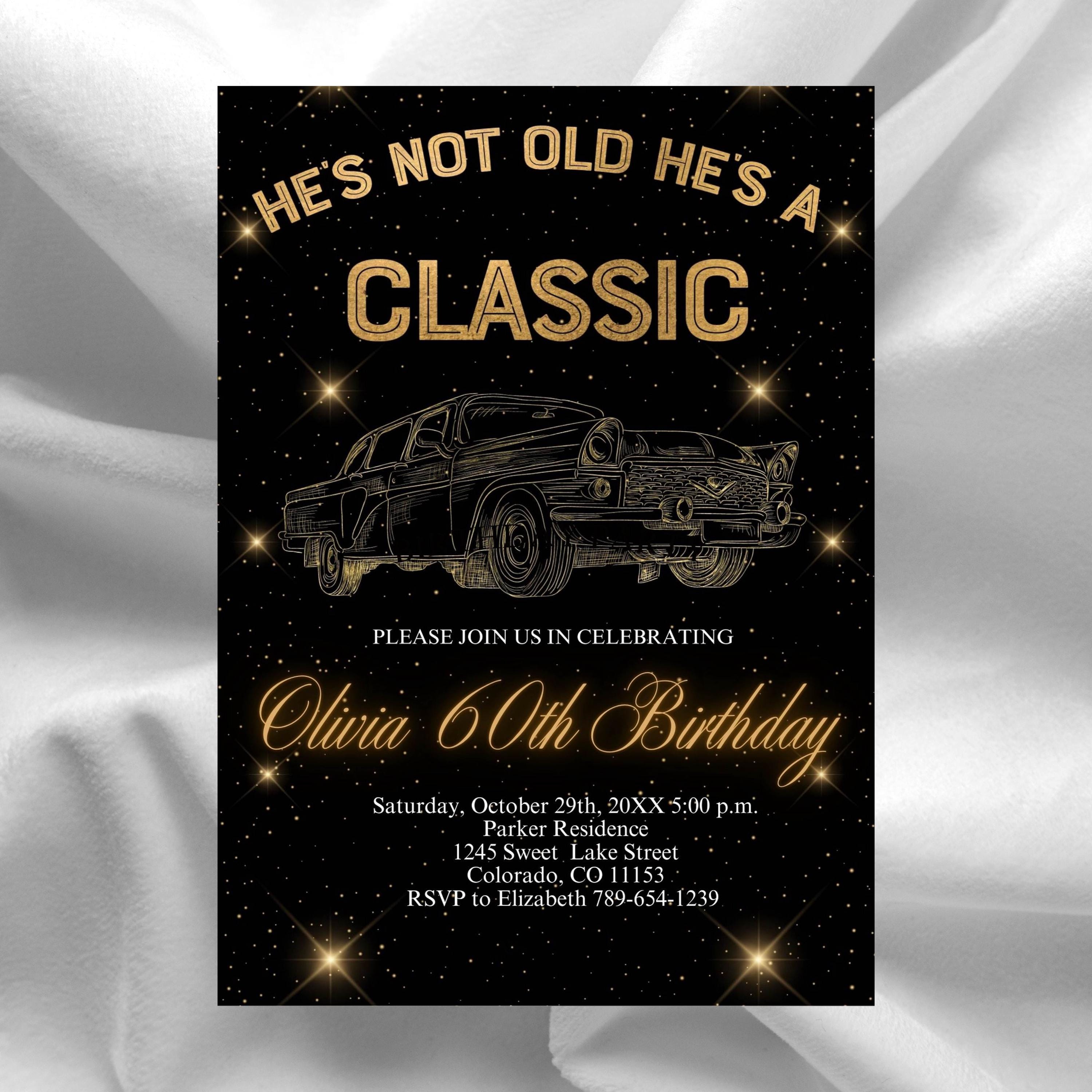 Editable Vintage Gold Car 60th Birthday Invitation, Classic Car Lover ...