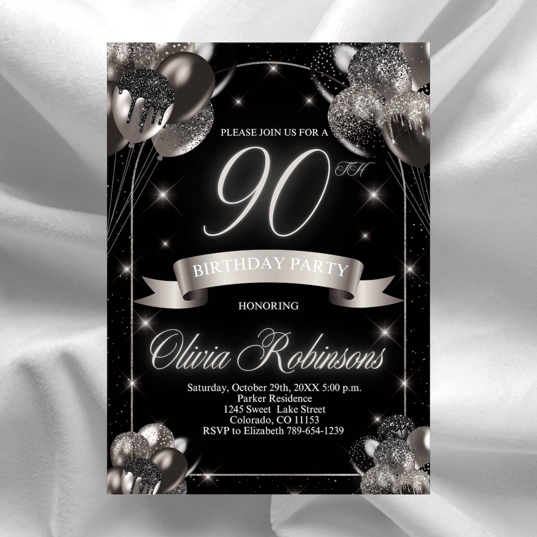 90th Birthday Invitation Template: Black Silver Balloons (digital) - Etsy