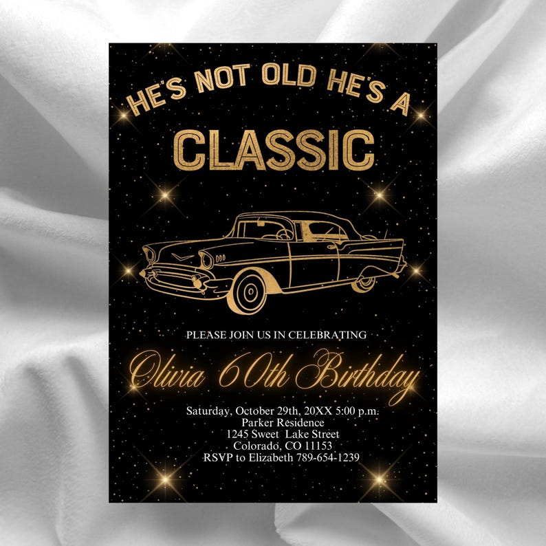 Editable Vintage Gold Car 60th Birthday Invitation, Classic Car Lover ...