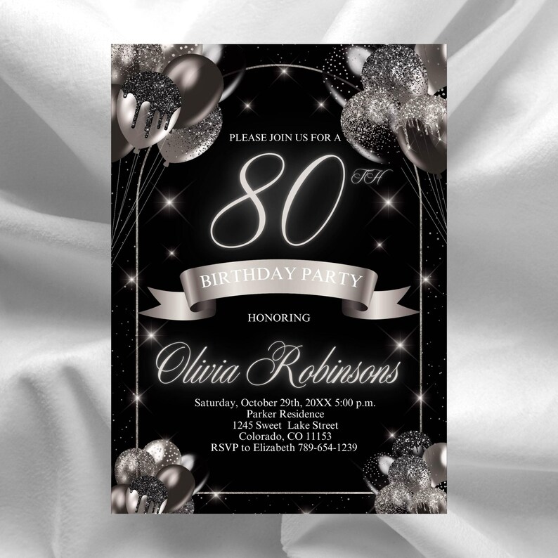 80th Birthday Invitation Template: Black Silver Balloons (digital) - Etsy