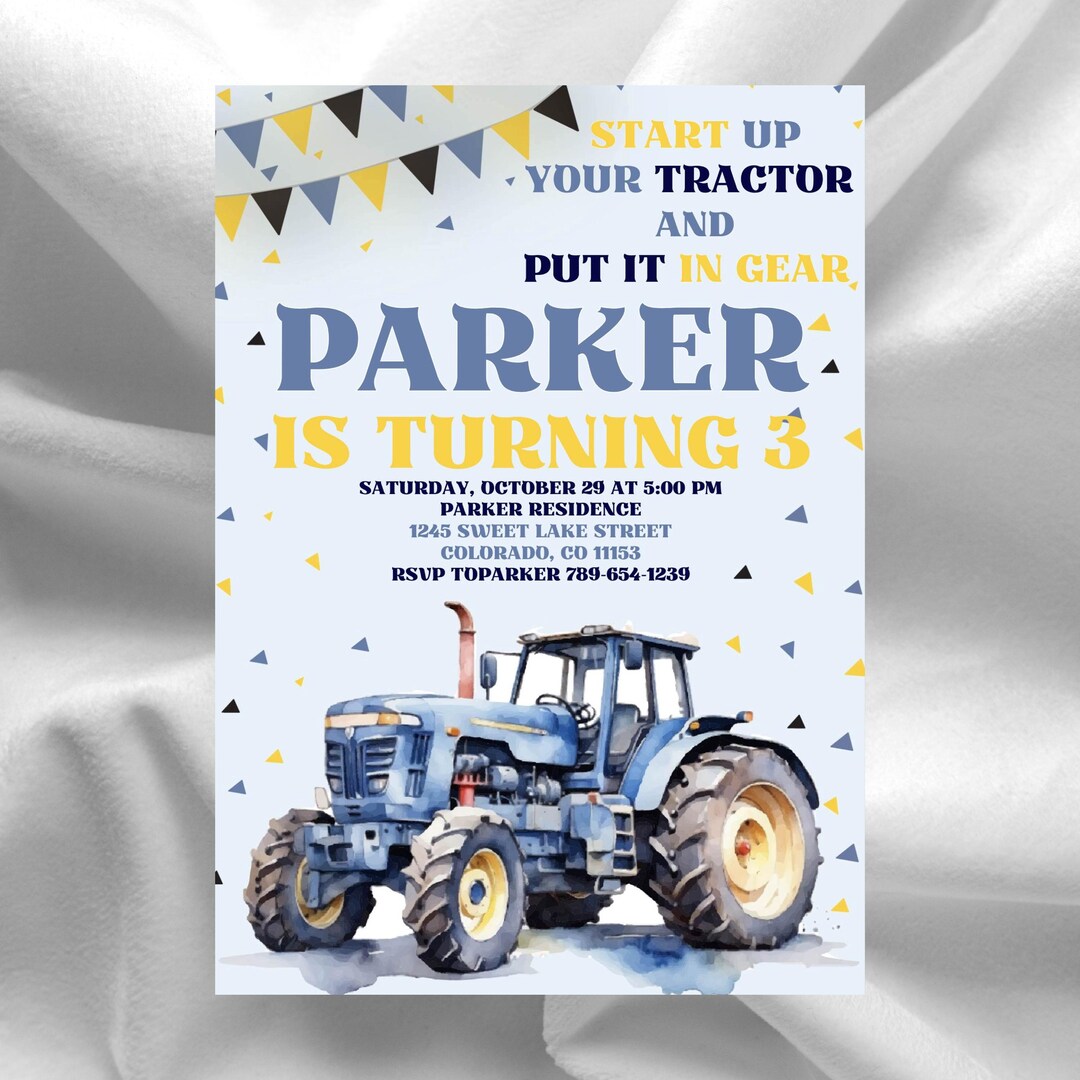 Blue Tractor Birthday Invitation Template (digital Download) - Etsy