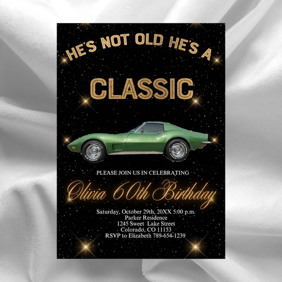 Editable Vintage Gold Car 60th Birthday Invitation, Classic Car Lover ...