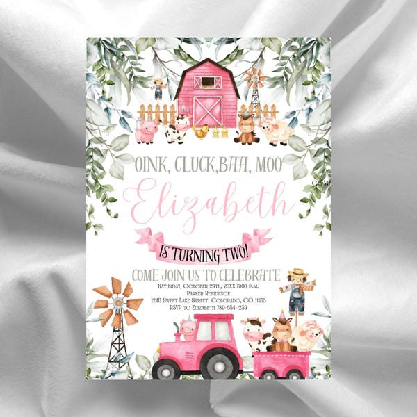 Editable Calling All Party Animals Farm Girl Birthday Invitation, Pink ...