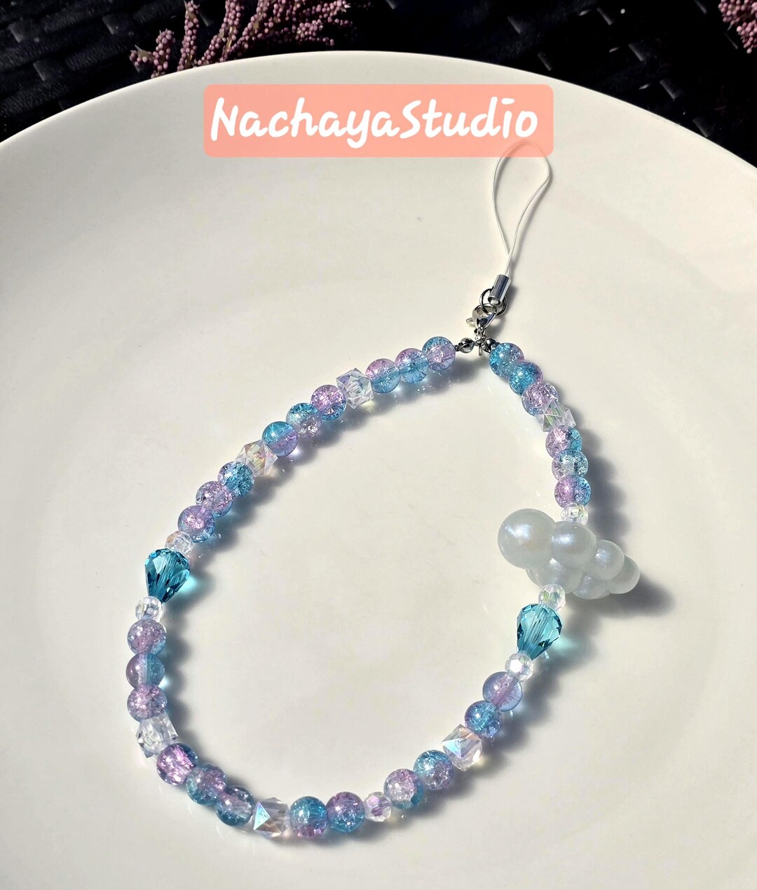 Bule Sky and White Cloud Crystal Beads Phone Charm by Nachayastudio - Etsy