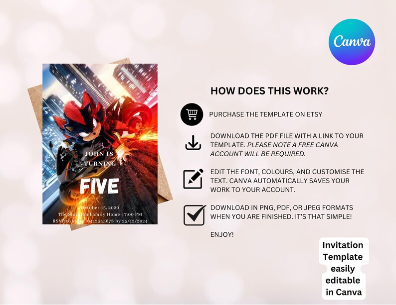 Sonic Shadow Kids Birthday Invitation, Customised, Instant Download ...