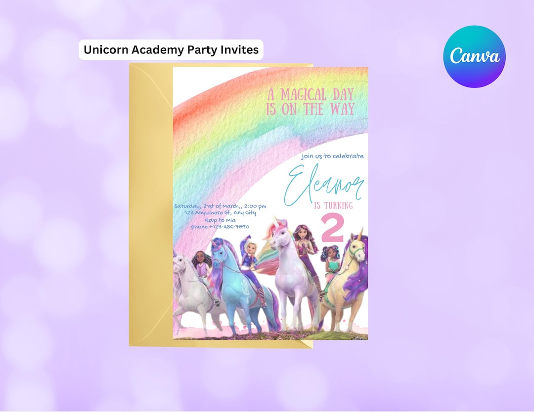 Unicorn Academy Unicorn Rainbow Kids Birthday Invitation, Customised ...