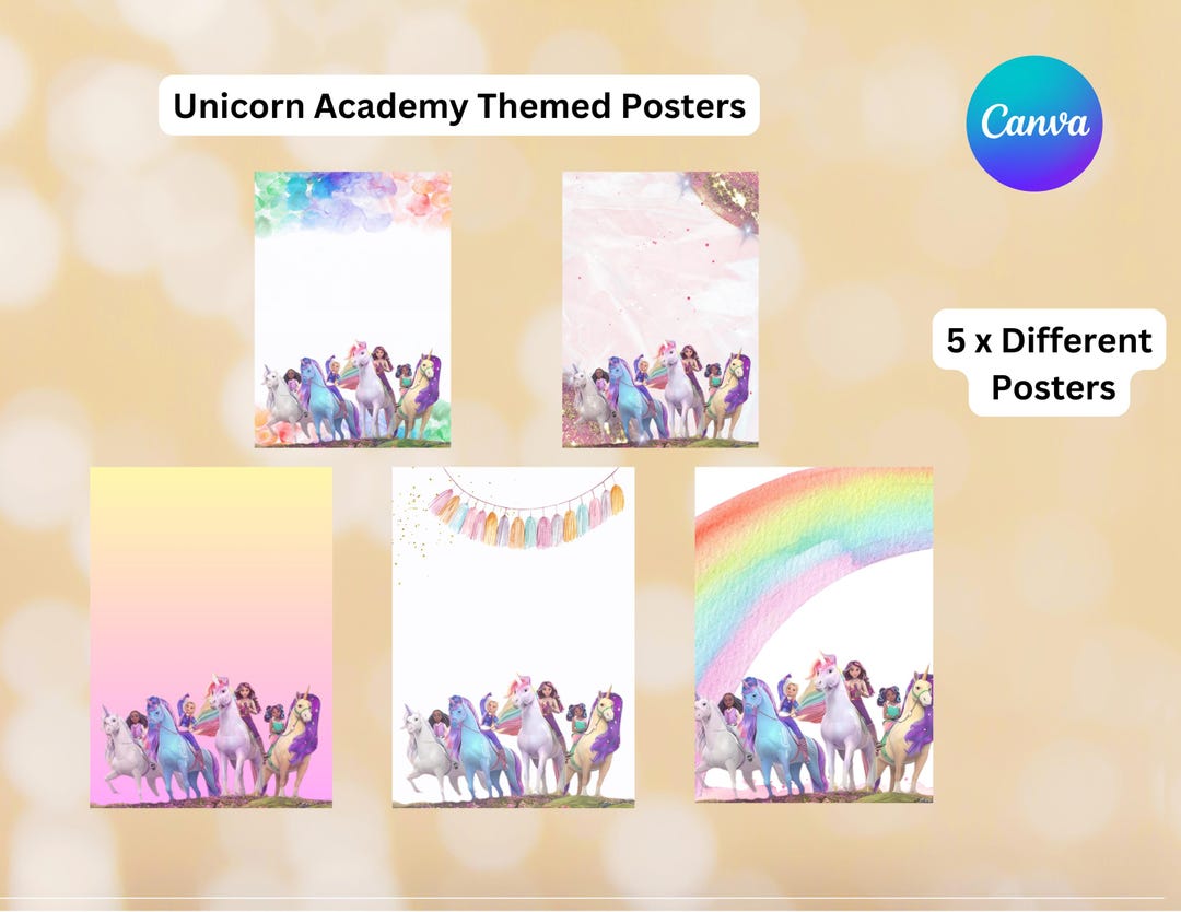 Unicorn Academy Poster Set: Party Decor, Birthday Cards (canva Template ...