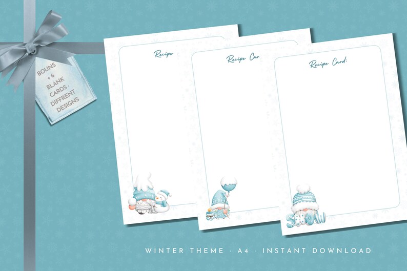 Winter Recipe Cards Printable Set | 15+ Blue Snowflake Recipe Templates ...