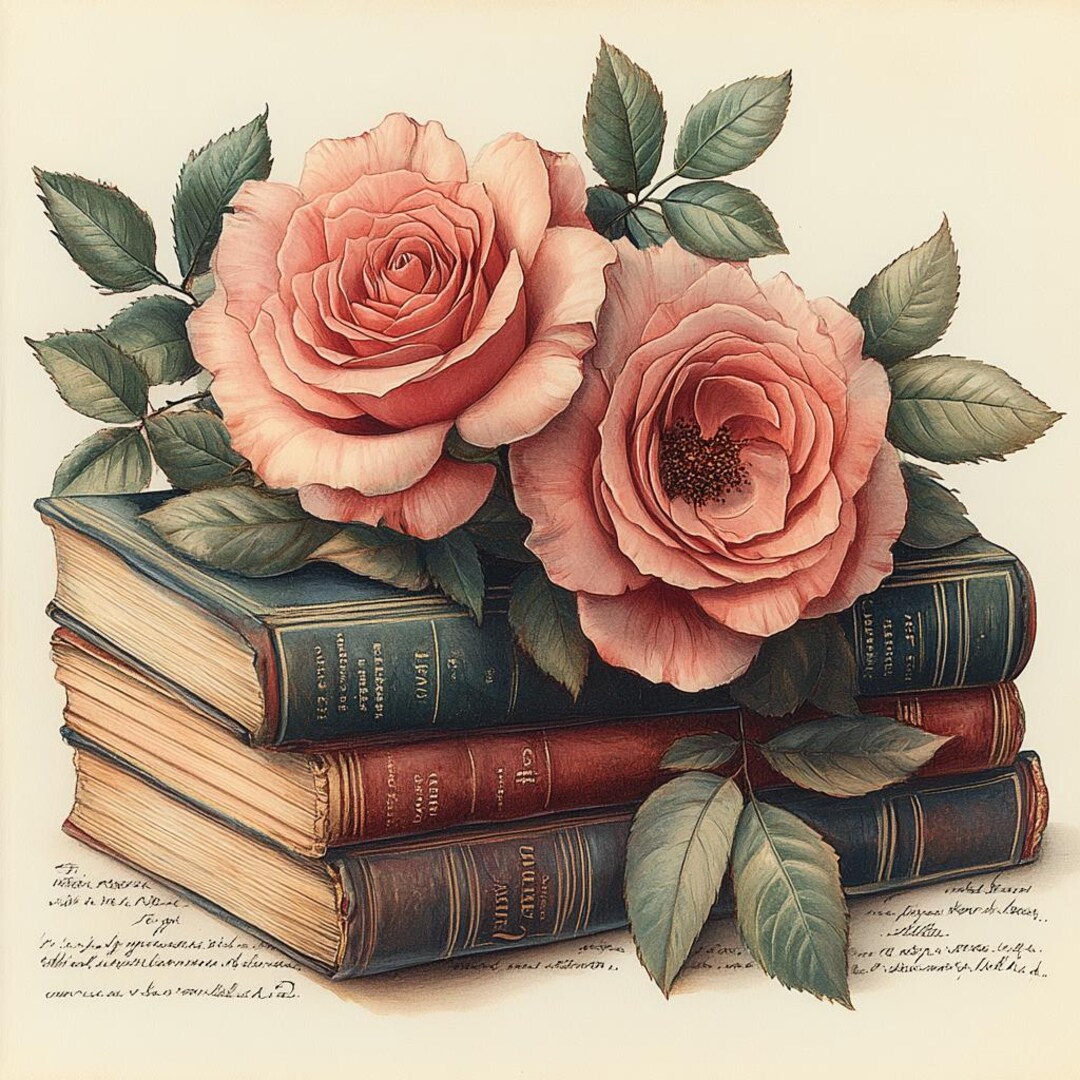 24 Vintage Book Rose Clipart, Vintage Rose and Book Clipart, Floral ...