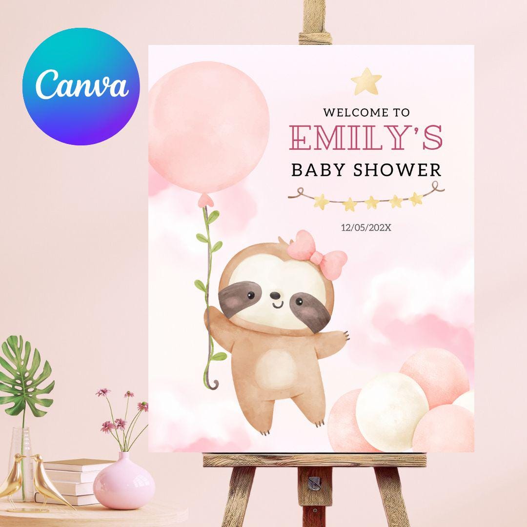 Editable Sloth Baby Shower Welcome Sign Template, Printable Pink Sloth ...
