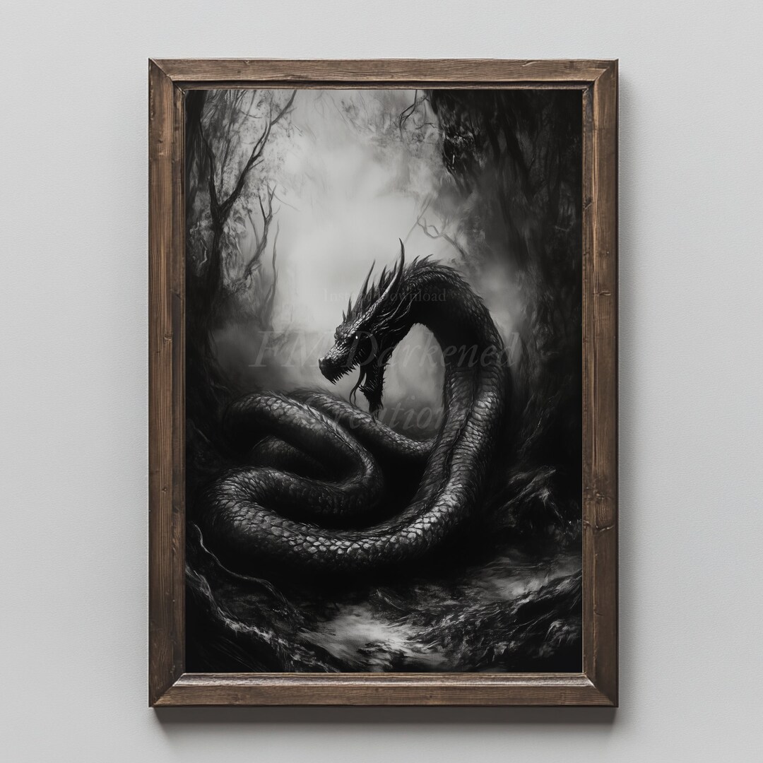Dark Fantasy Serpent Dragon Artwork, Sinister Creature in a Misty ...