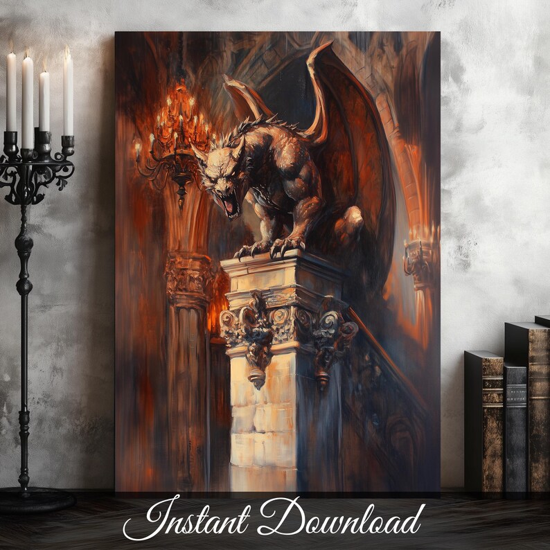 Gargoyle Gothic Cathedral Art Print, Dark Fantasy Illustration (digital ...