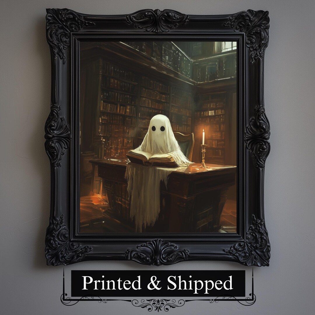 Ghost Reading Print, Spooky Bookstore Art, Dark Academia Decor - Etsy