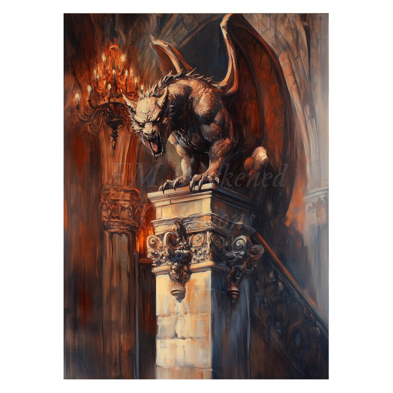 Gargoyle Wall Art, Gothic Cathedral Decor, Dark Fantasy Illustration ...
