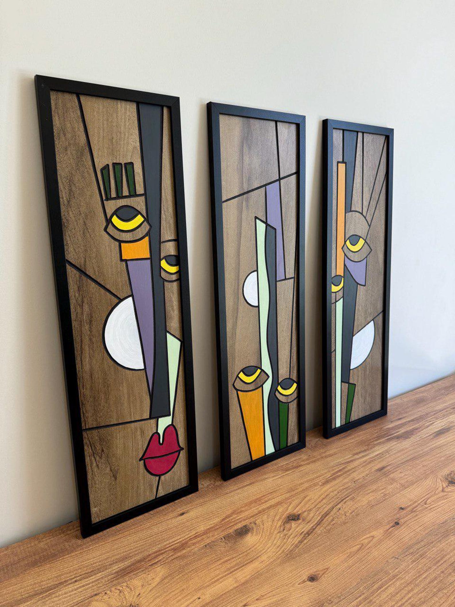 Geometric Faces Art Print Set 3 Hand-painted Panels, Abstract Human ...