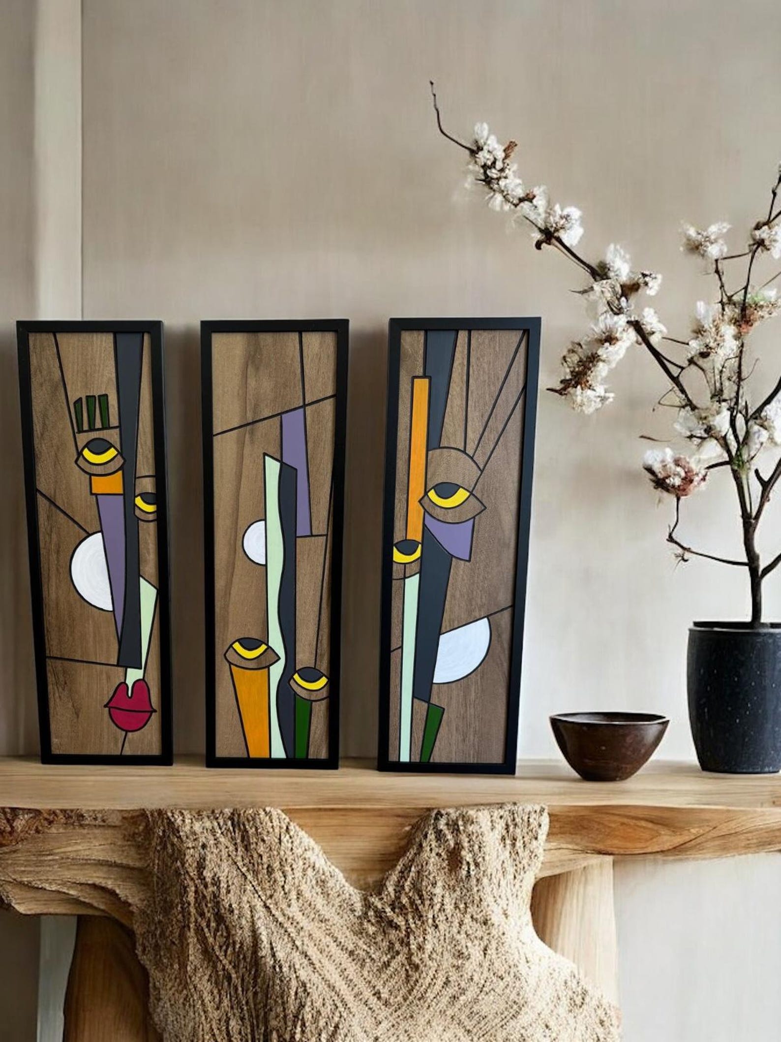 Geometric Faces Art Print Set 3 Hand-painted Panels, Abstract Human ...