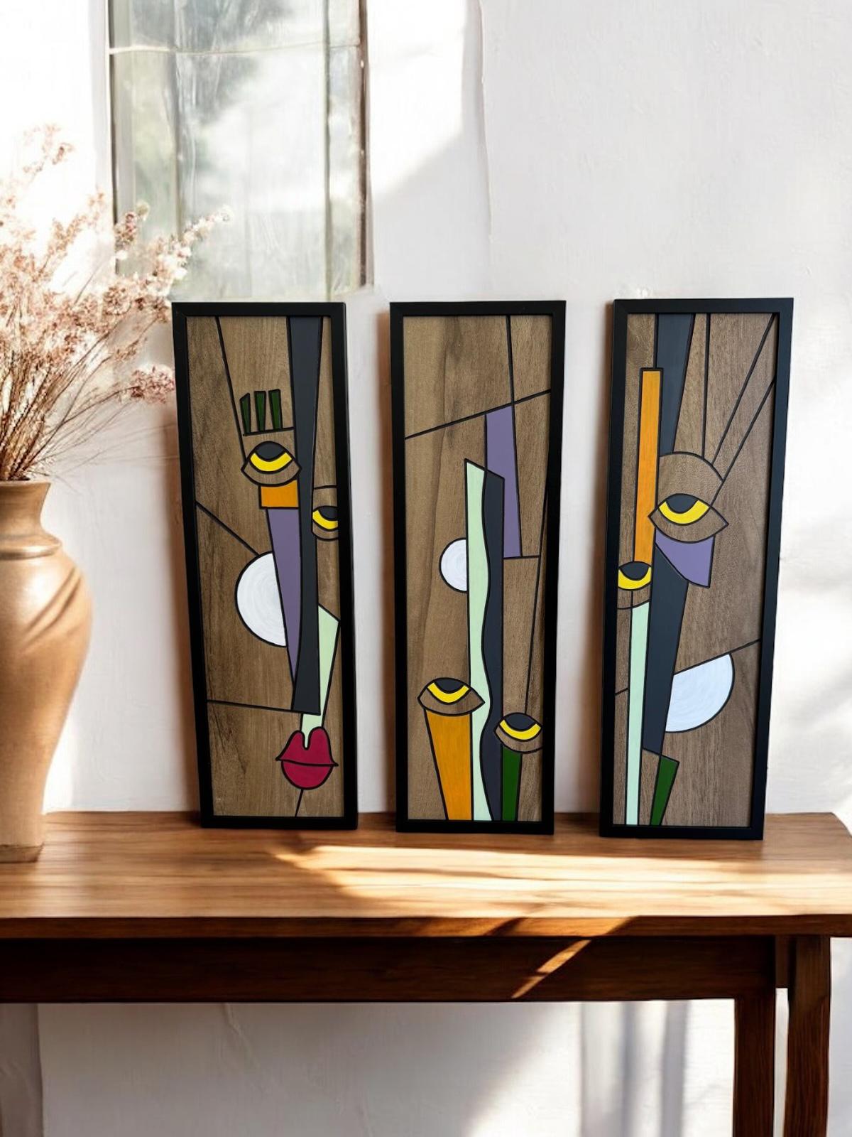 Geometric Faces Art Print Set 3 Hand-painted Panels, Abstract Human ...