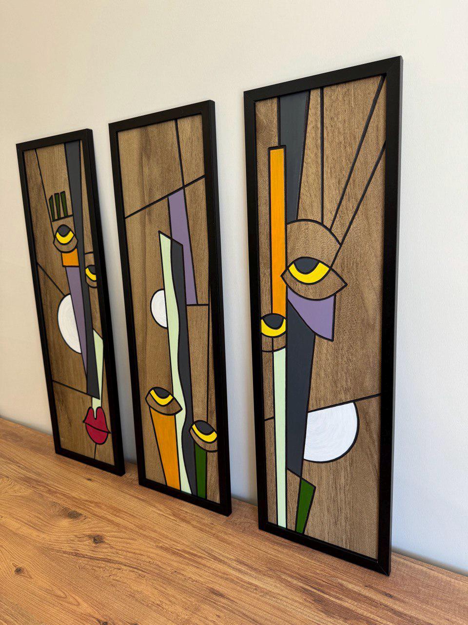 Geometric Faces Art Print Set 3 Hand-painted Panels, Abstract Human ...