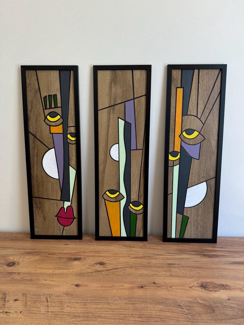 Geometric Faces Art Print Set 3 Hand-painted Panels, Abstract Human ...