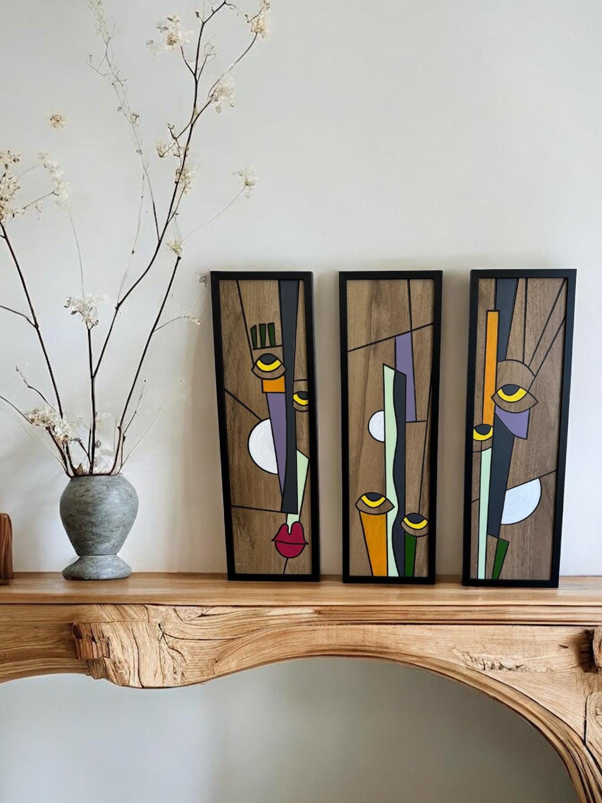Geometric Faces Art Print Set 3 Hand-painted Panels, Abstract Human ...