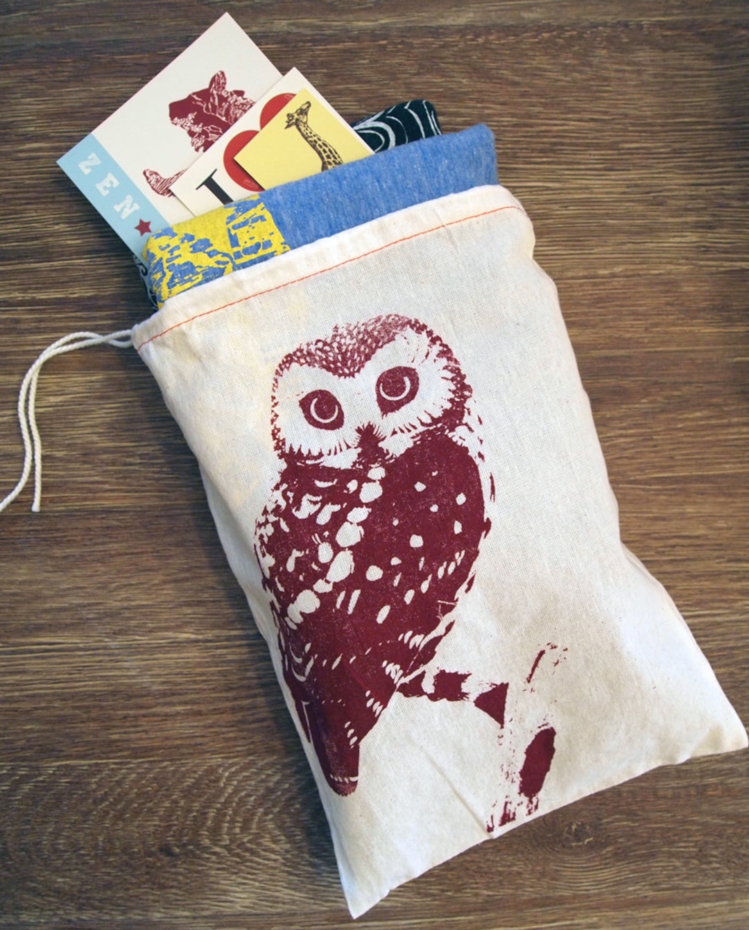 SET OF OWLS 8x11" Printed Drawstring Reusable Cotton Drawstring Bags ...