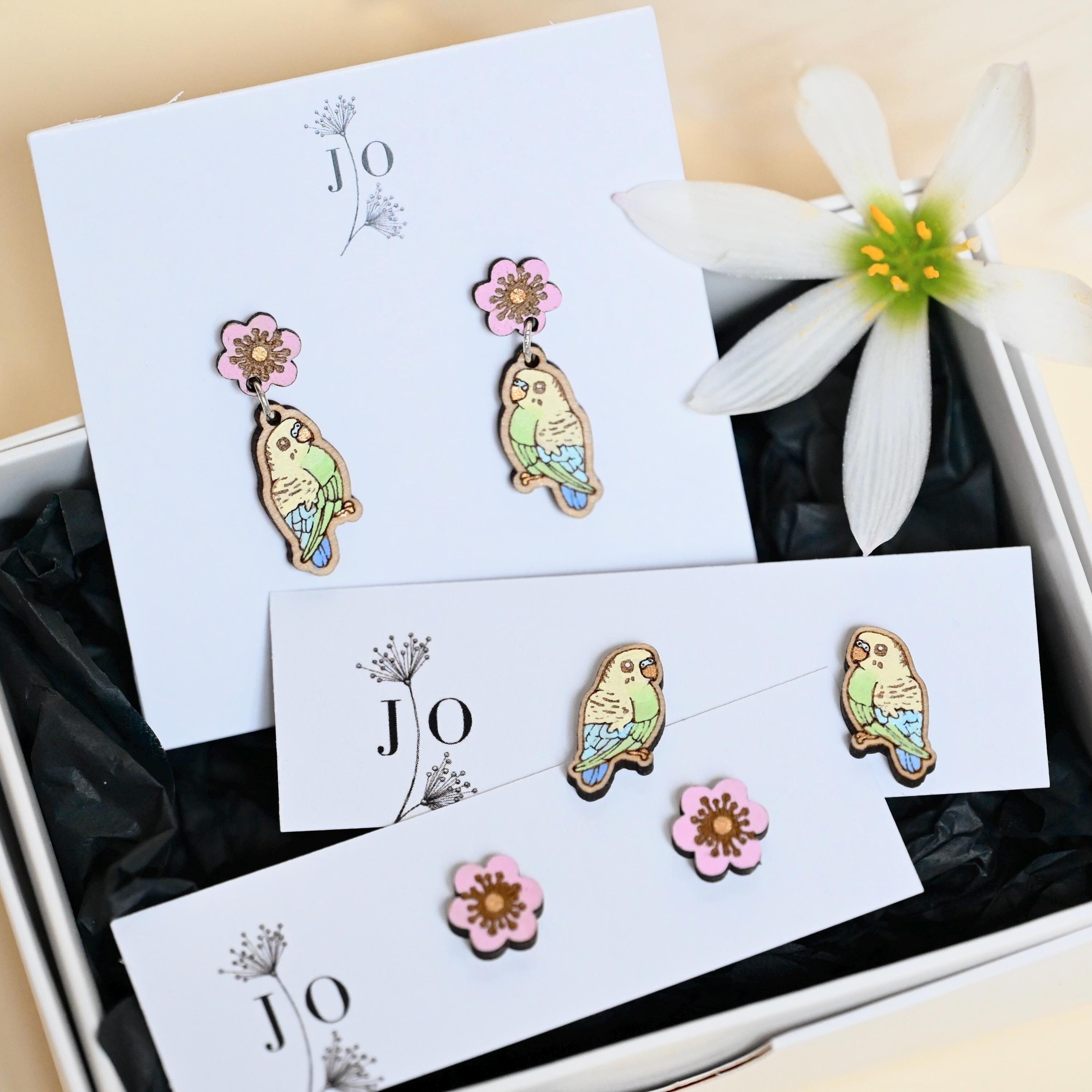 Green Budgie Parakeet Earrings – Hand-painted Wooden Bird Studs or ...