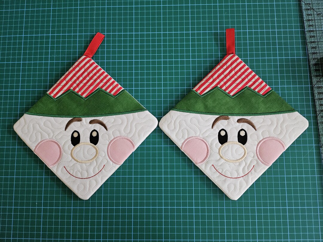 Set of 2 Christmas Face elf Pot Holders 1 Machine Embroidered - Etsy