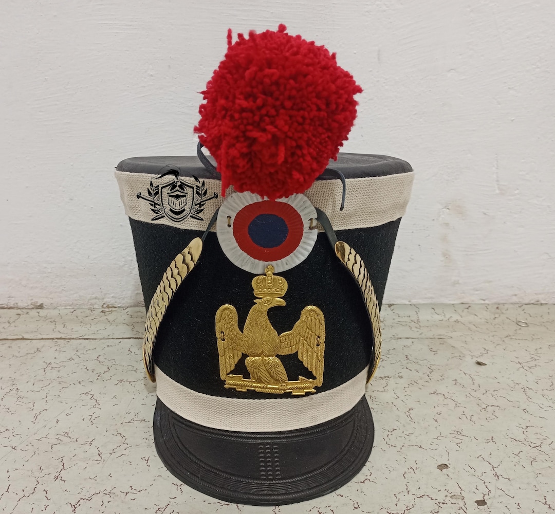 French Napoleonic Shako Helmet: Leather & Brass Eagle, Red Pompom ...