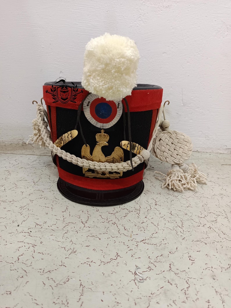 French Napoleonic Shako Helmet: Black Leather, White Pompom ...