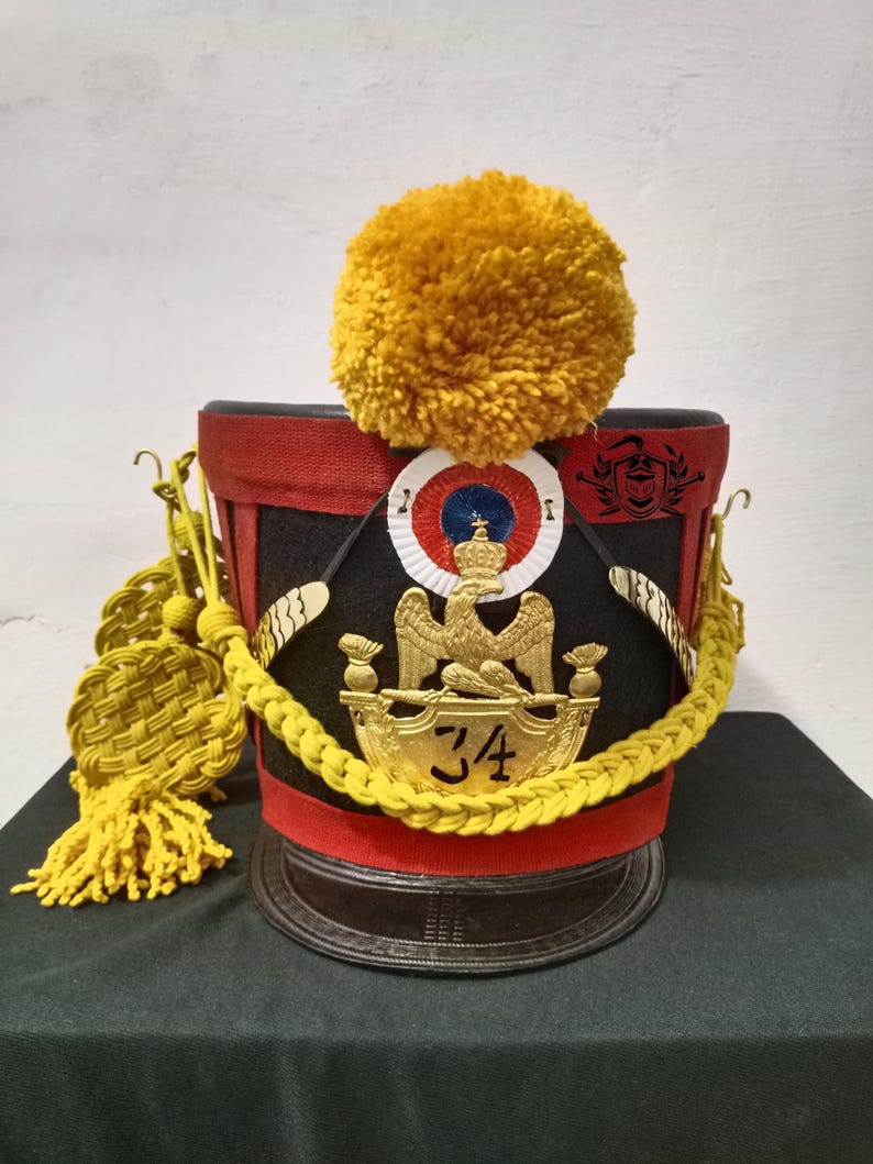 French Napoleonic Leather Shako Helmet: Yellow Cord & Pompom, Brass ...