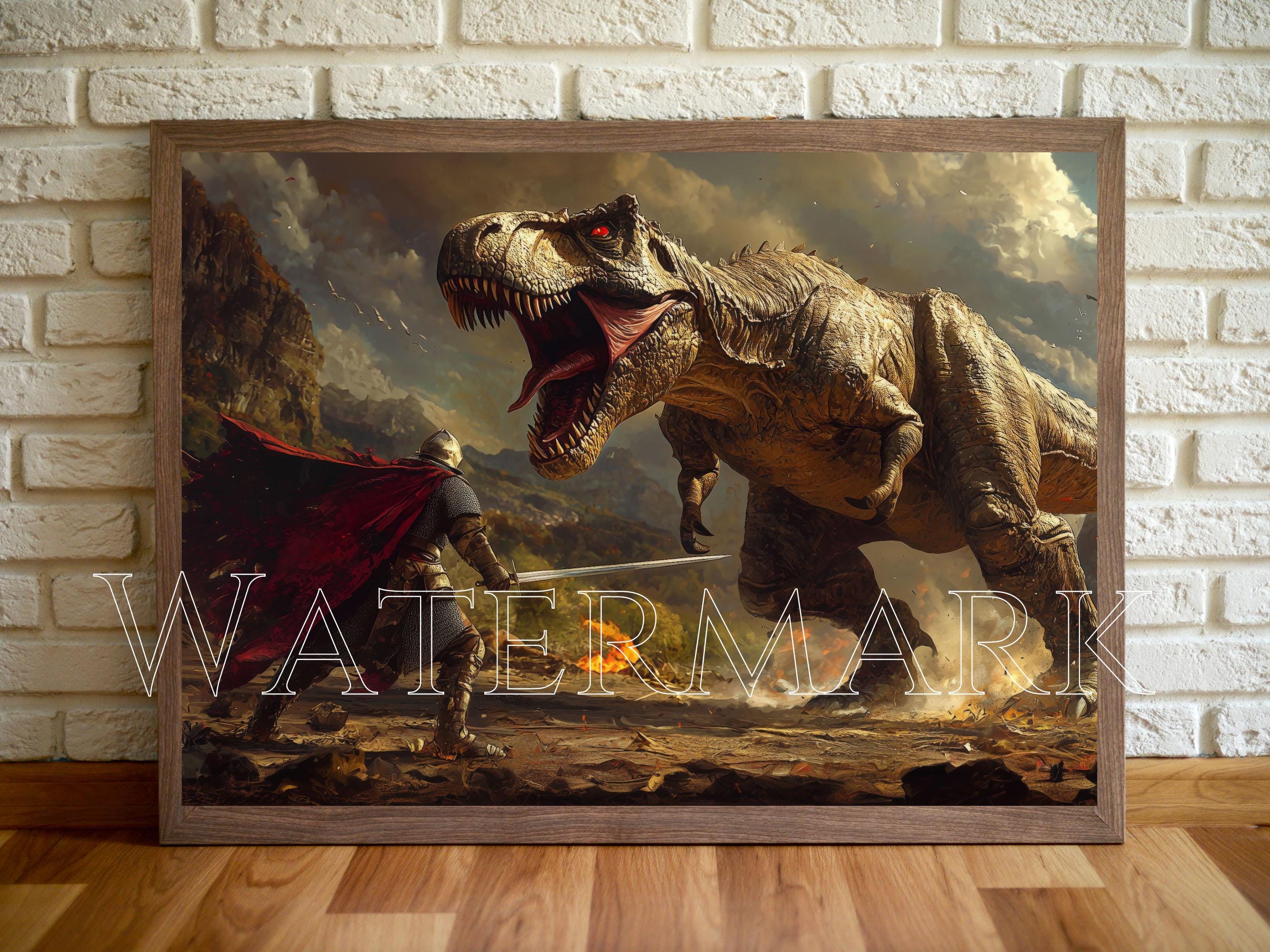 Knight Battling a Tyrannosaurus Rex Poster Knight Vs. T-rex Wall Art ...