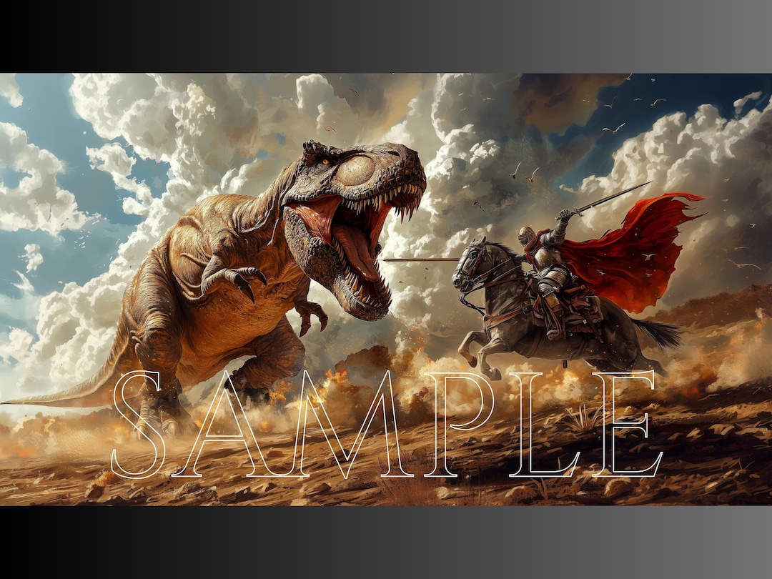 Knight Battling T-rex Poster Medieval Knight on Horseback Fighting a ...