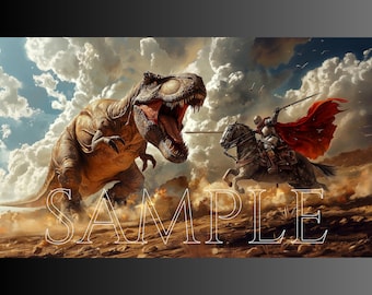 Knight Battling a Tyrannosaurus Rex Poster Knight Vs. T-rex Wall Art ...