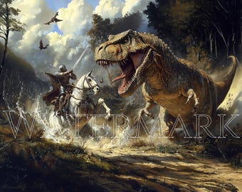 Knight Battling a Tyrannosaurus Rex Poster Knight Vs. T-rex Wall Art ...