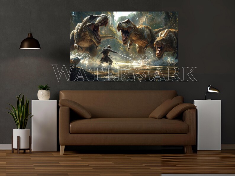 A Warrior Battling Three Tyrannosaurus Rexes Poster Knight Vs. T-rex ...
