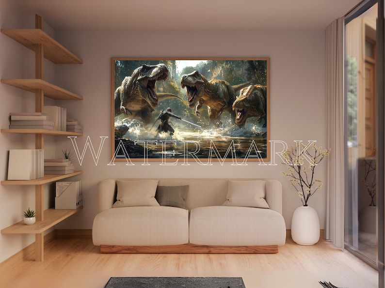 A Warrior Battling Three Tyrannosaurus Rexes Poster Knight Vs. T-rex ...