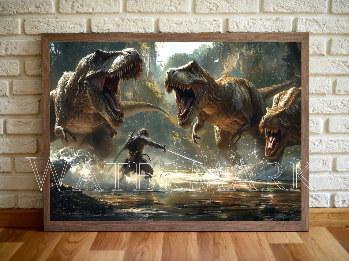 A Warrior Battling Three Tyrannosaurus Rexes Poster Knight Vs. T-rex ...